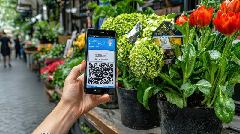 Hand Holding Smartphone Displaying QR Code among Vibrant Flower Stall ...