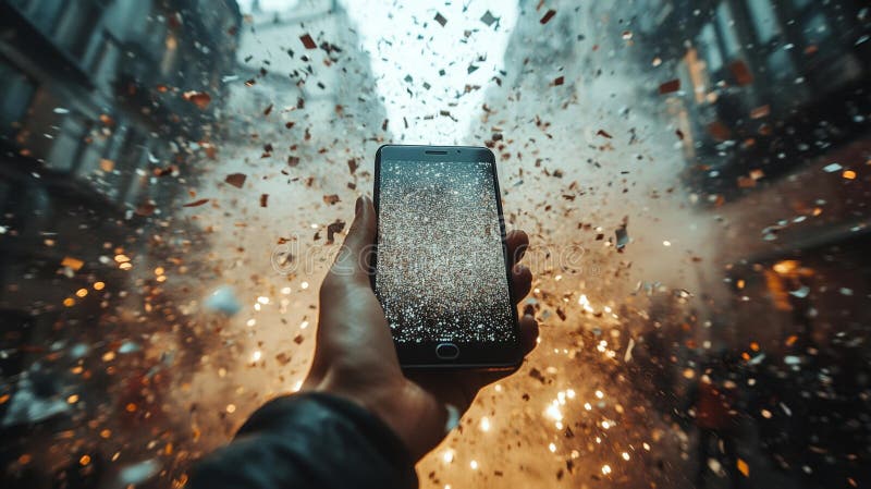 Hand Holding Smartphone Amid Exploding Debris – Generative AI Stock ...