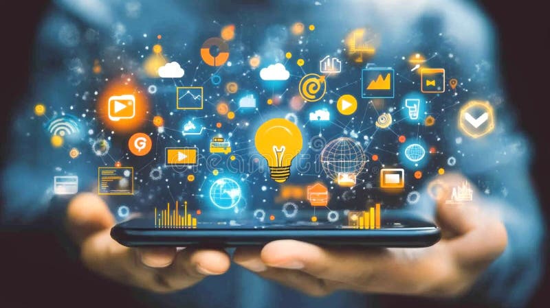 Hand Holding a Smartphone with Floating Digital Icons, Representing ...