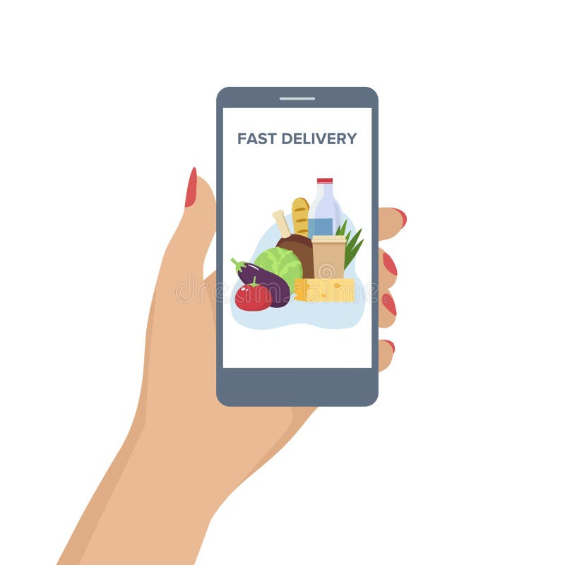 Hand Holding Smartphone with Food Delivery App. Flat Vector ...