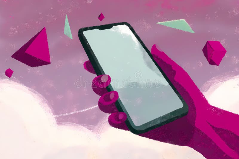 Hand Holding Smartphone with Geometric Shapes Floating in Background ...