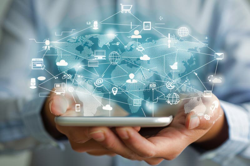 Hand Holding Smartphone with Global Network and Icons Stock ...