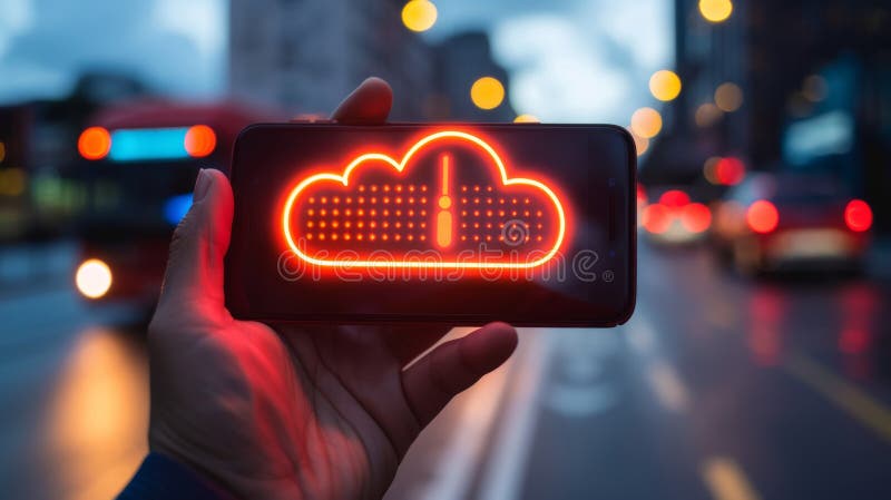 Hand Holding Smartphone with Glowing Cloud Icon and Loading Bar Against ...