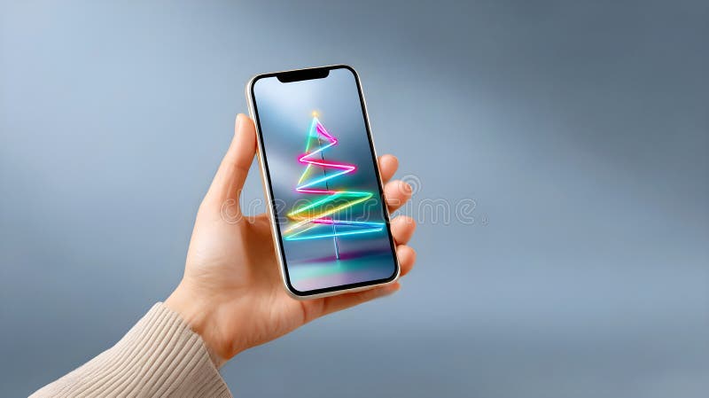 Hand Holding Smartphone with Glowing Neon Christmas Tree on Screen ...