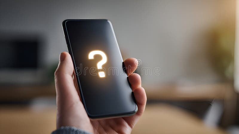 Hand Holding Smartphone with Glowing Question Mark on Screen Stock ...