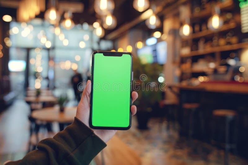 Hand Holding Smartphone Green Screen Cozy Cafe Setting Stock Photos ...