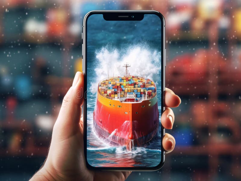 Hand Holding Smartphone with Image of Cargo Ship in Port. Logistics and ...