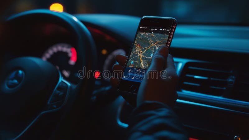 Hand Holding a Smartphone Inside a Car, Representing Navigation and ...
