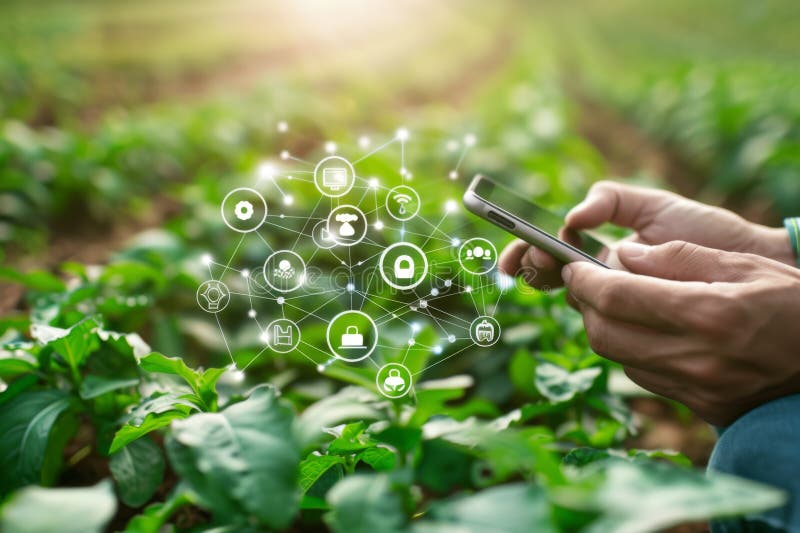 Hand Holding Smartphone with IoT Smart Farming Technology Icons in a ... Hand Holding Smartphone with IoT Smart Farming Technology Icons in a ...