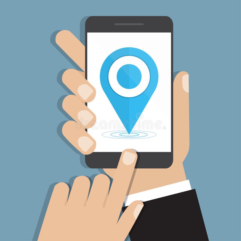 Hand Holding Smartphone with Map Pin Icon. Vector Illustration Stock ...
