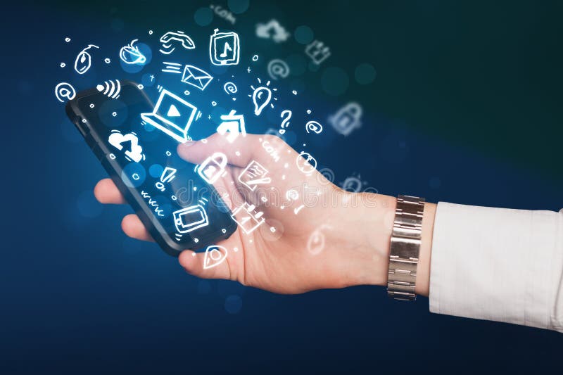 Hand Holding Smartphone with Media Icons and Symbol Stock Photo - Image ...