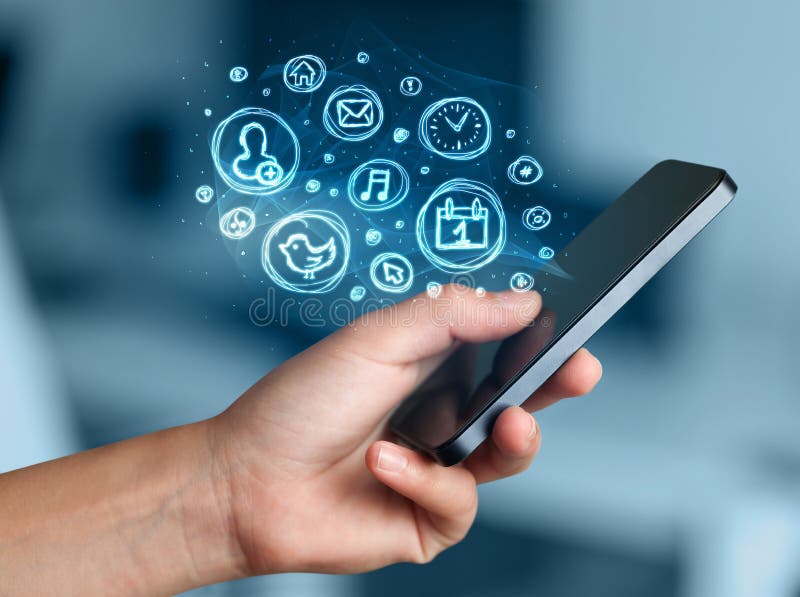 Hand Holding Smartphone with Mobile App Choices Stock Image - Image of ...