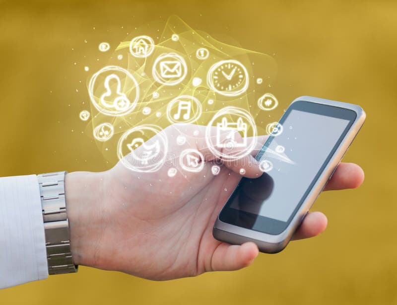 Hand Holding Smartphone with Mobile App Choices Stock Image - Image of ...