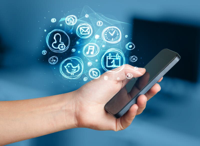 Hand Holding Smartphone with Mobile App Choices Stock Image - Image of ...