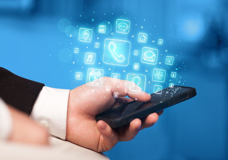 Hand Holding Smartphone with Mobile App Icons Stock Image - Image of ...