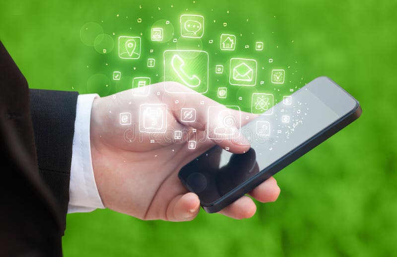 Hand Holding Smartphone with Mobile App Icons Stock Photo - Image of ...