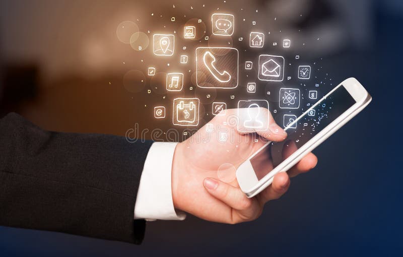 Hand Holding Smartphone with Mobile App Icons Stock Image - Image of ...