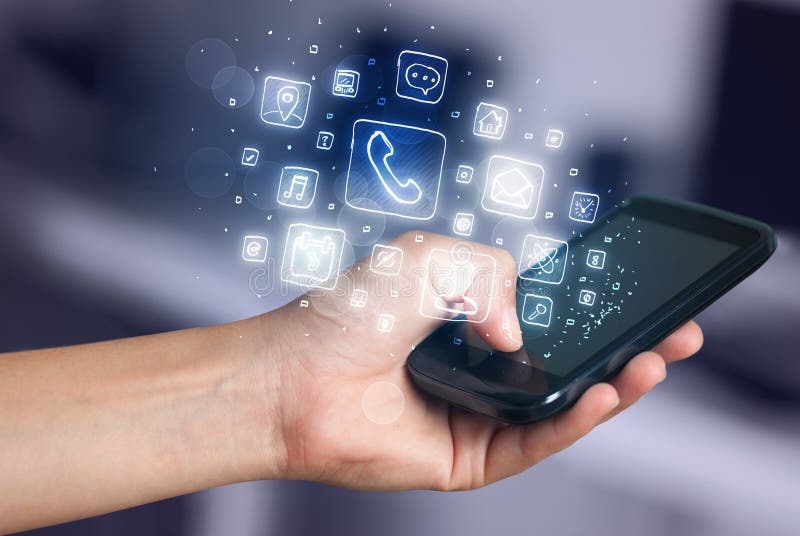 Hand Holding Smartphone with Mobile App Icons Stock Photo - Image of ...