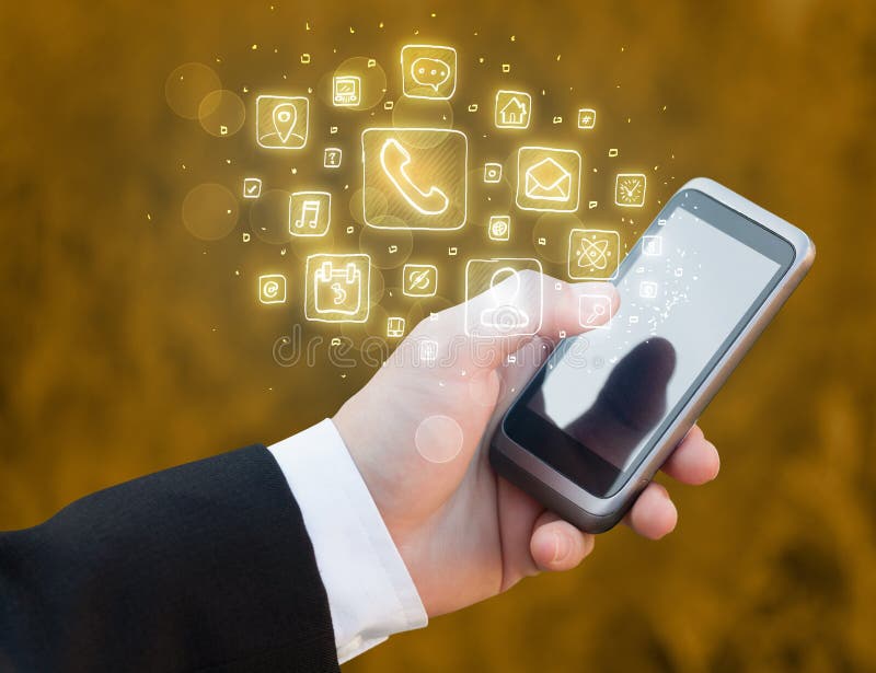 Hand Holding Smartphone with Mobile App Icons Stock Image - Image of ...