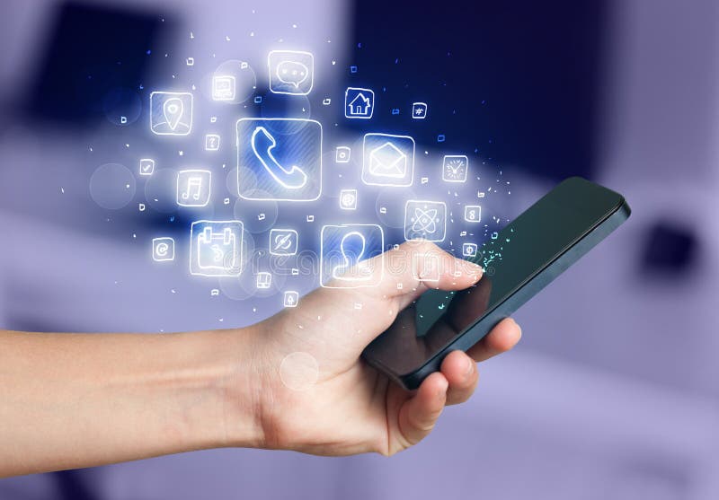 Hand Holding Smartphone with Mobile App Icons Stock Image - Image of ...