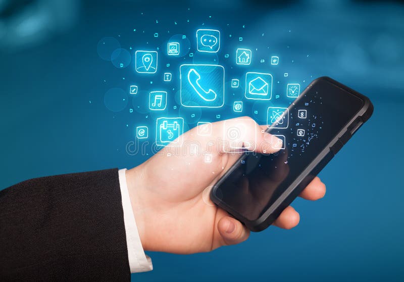 Hand Holding Smartphone with Mobile App Icons Stock Photo - Image of ...