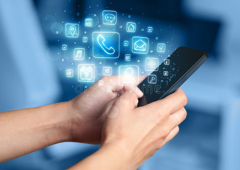 Hand Holding Smartphone with Mobile App Icons Stock Photo - Image of ...