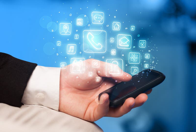 Hand Holding Smartphone with Mobile App Icons Stock Photo - Image of ...