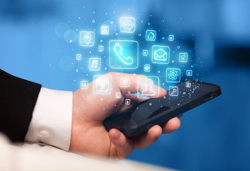 Hand Holding Smartphone with Mobile App Icons Stock Photo - Image of ...