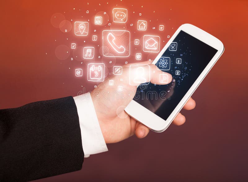 Hand Holding Smartphone with Mobile App Icons Stock Image - Image of ...