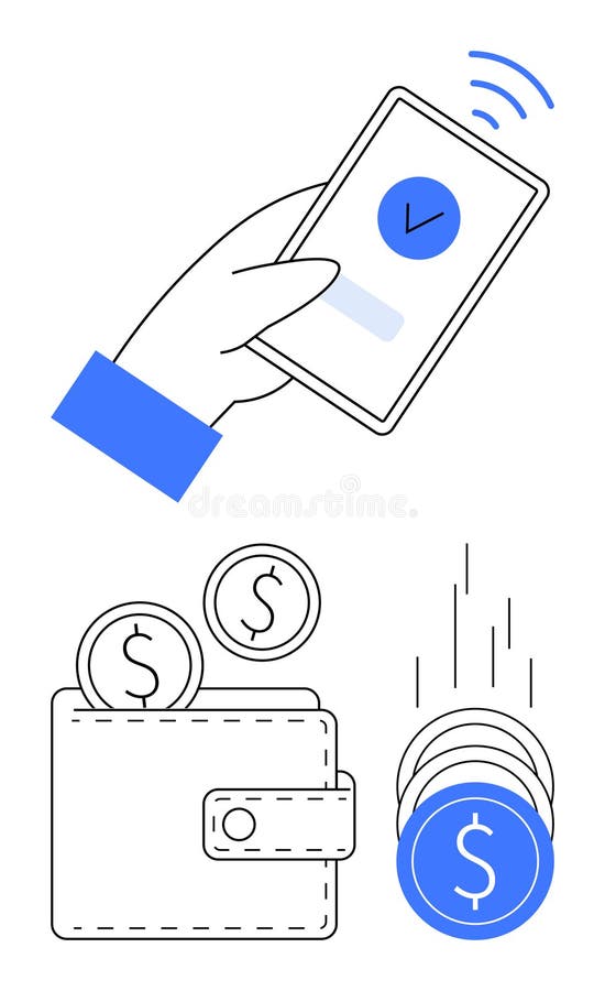 Hand Holding Smartphone for Mobile Payment with Coins Dropping into ...