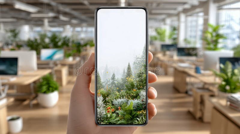 Hand Holding a Smartphone in a Modern Office, Screen Displaying a Lush ...