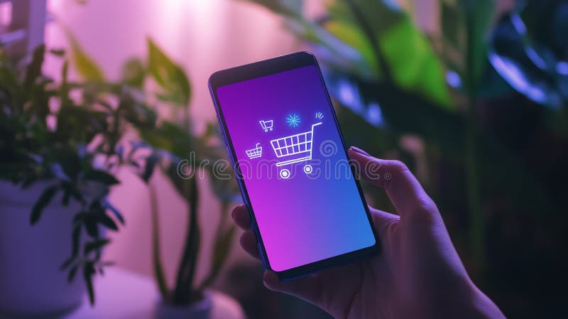 Hand Holding Smartphone with Online Shopping App Interface in Focus. E ...