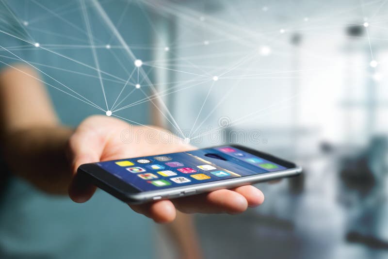 Hand Holding Smartphone with Operating System Screen and Network ...