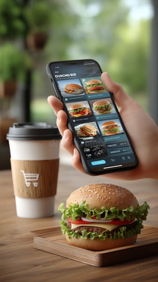 Hand Holding Smartphone Ordering a Burger Menu in Fast Food Restaurant ...