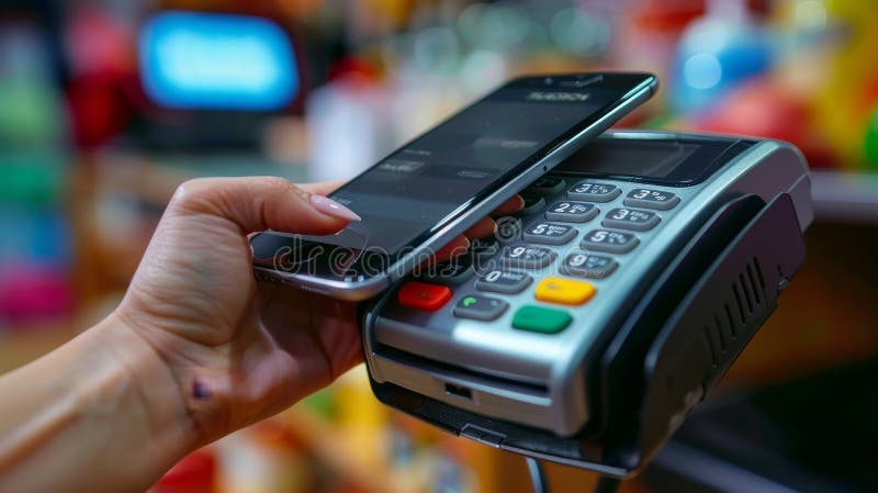 Hand Holding Smartphone by Payment Terminal, Contactless Transaction in ...