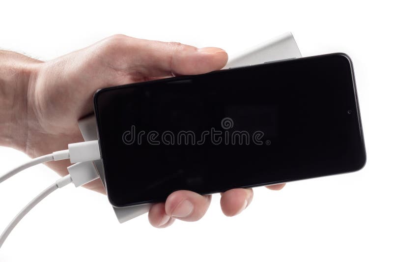 Hand Holding Smartphone with Powerbank. Isolated on White Stock Photo ...