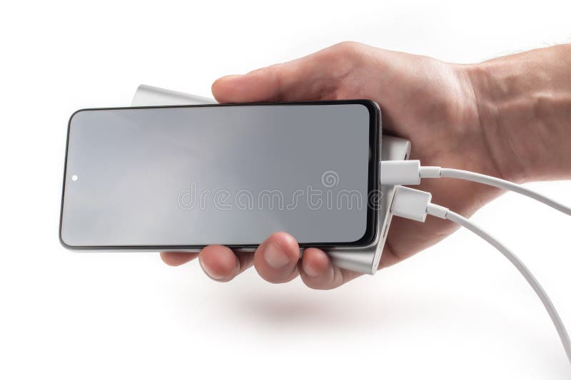 Hand Holding Smartphone with Powerbank. Isolated on White Stock Image ...