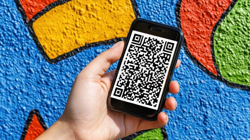 Hand Holding Smartphone with QR Code Against Colorful Mural Wall ...