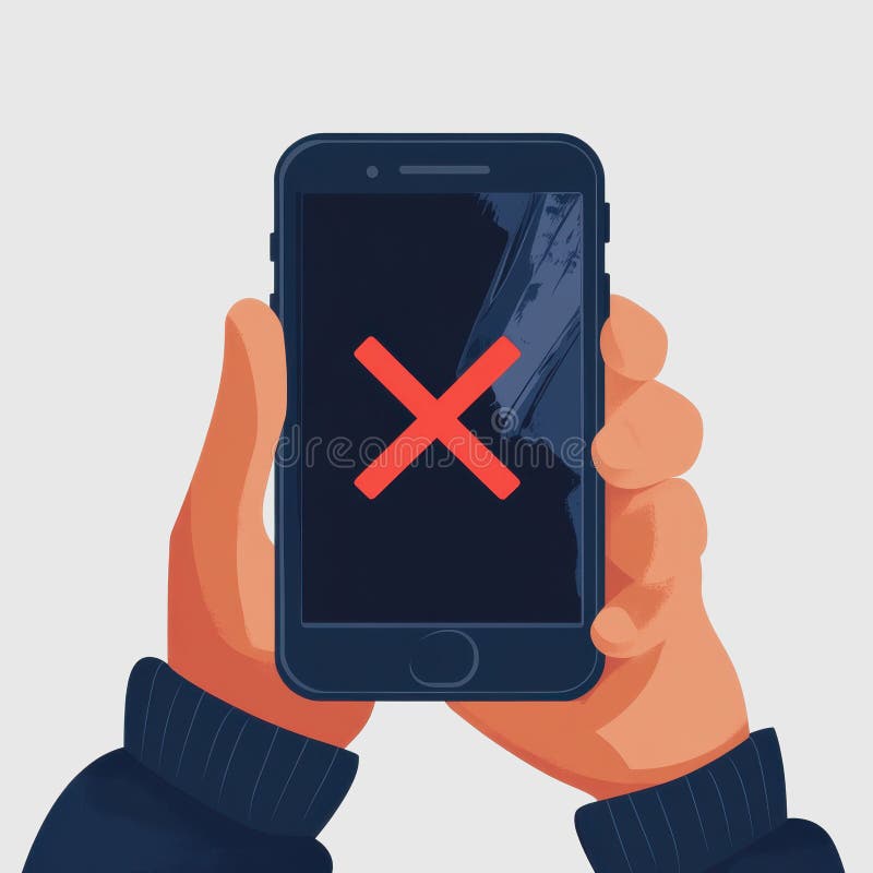 Hand Holding Smartphone with Red Cross Sign on Display Indicating Error ...