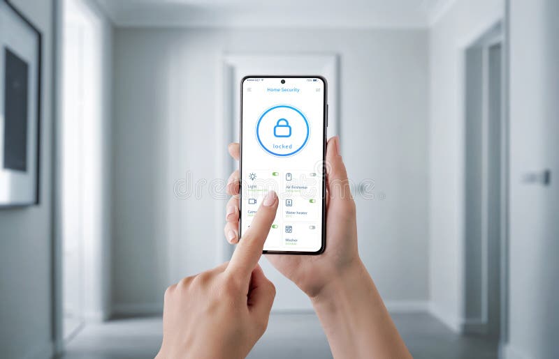 Hand Holding a Smartphone with a Security App Interface, Controlling ...