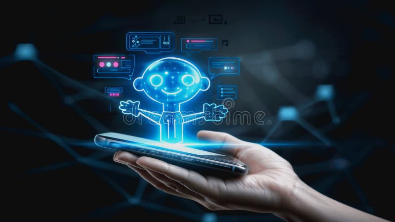 Hand Holding Smartphone Showcasing Bright AI Chatbot Hologram with ... Hand Holding Smartphone Showcasing Bright AI Chatbot Hologram with ...