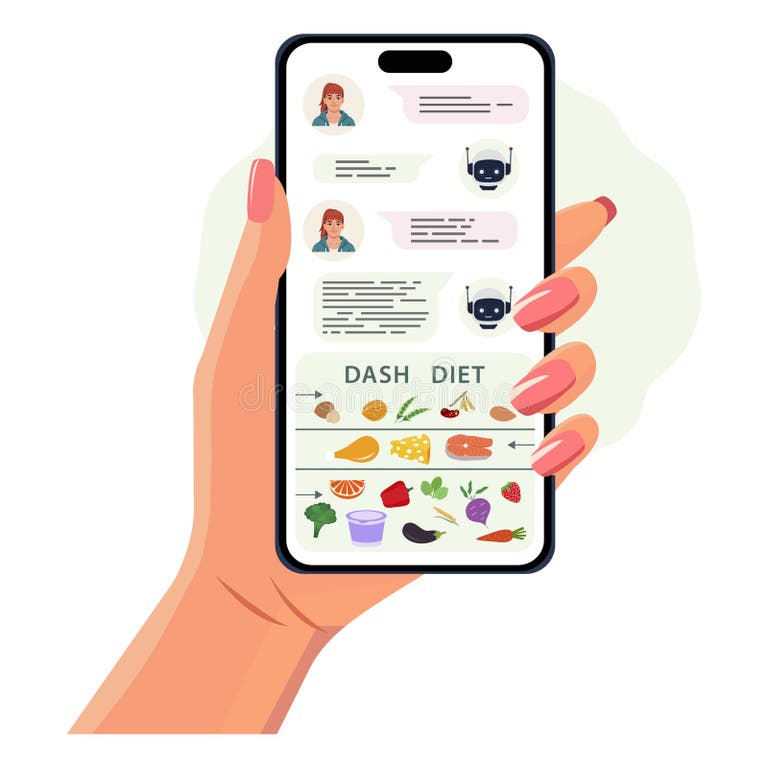 Hand Holding Smartphone Showing Dash Diet Chart and Chat Interface with ...