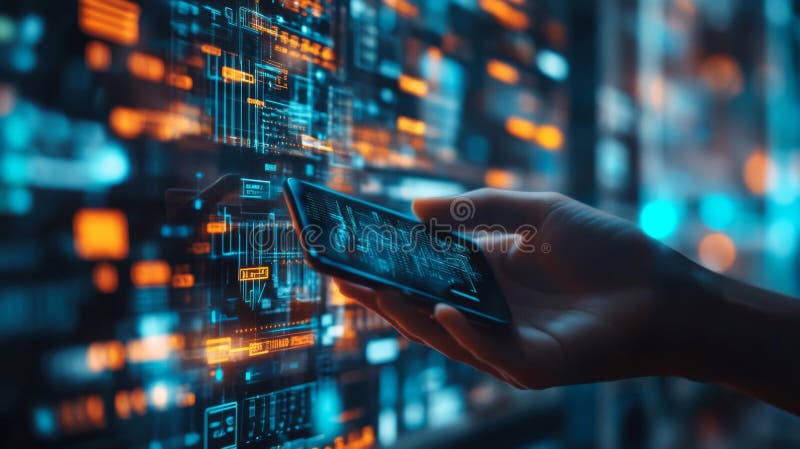 Hand Holding Smartphone Showing Digital Data Against Glowing Server ...