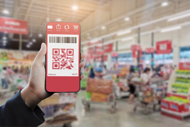 Hand Holding a Smartphone Showing Qr Code or E-wallet at Supermarket ...