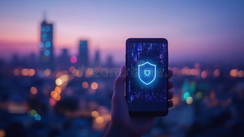 Hand Holding Smartphone Showing Security Shield Icon Over City at Dusk ... Hand Holding Smartphone Showing Security Shield Icon Over City at Dusk ...