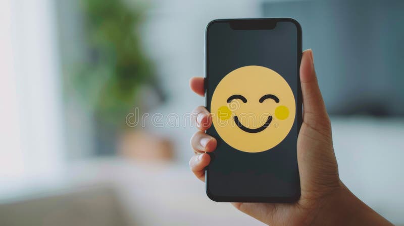 Hand Holding a Smartphone with a Smiling Emoji Stock Illustration ...