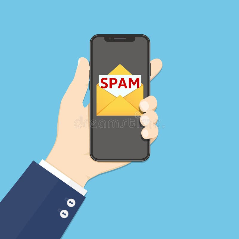 Hand Holding Smartphone with Spam Email on Screen. Vector Illustration ...