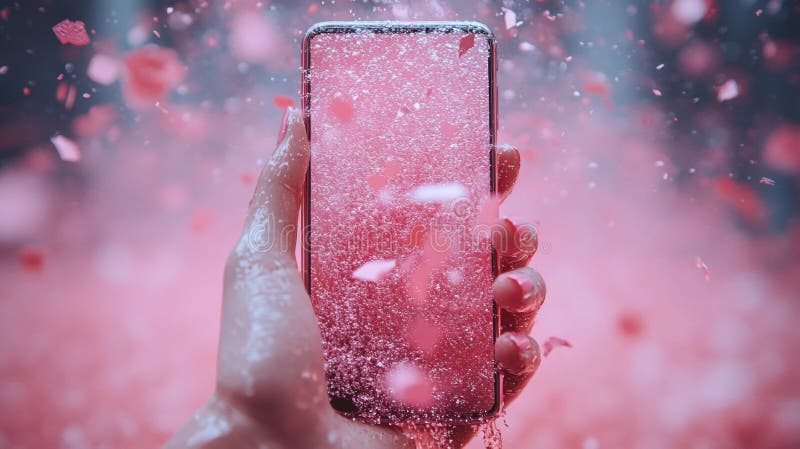 Hand Holding Smartphone with Sparkling Pink Explosion – Generative AI ...