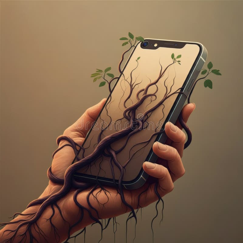 Hand Holding Smartphone with Tree Roots Growing from Screen ...