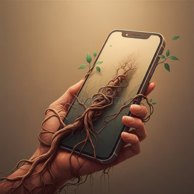 Hand Holding Smartphone with Tree Roots Growing from Screen Representing Technology Dependence ...